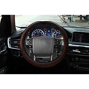 Valleycomfy Steering Wheel Covers Universal 15.75 inch - Genuine Leather, Breathable, Anti Slip & Odor Free (Coffee, L(15" 1/2-16"))