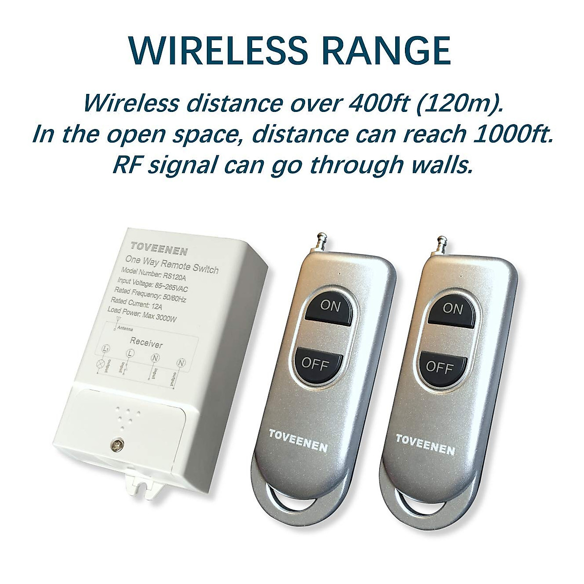 TOVEENEN Wireless Switch 400ft Long Range Wide Voltage 85~265V Large Load Remote Control for Lights Pumps Water Heaters Vacuum(2 Remote)