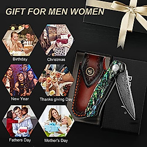 Benkey Damascus Pocket Knife with Clip Leather Sheath Sharp VG10 Core Folding Knife, EDC with Liner Lock Unique Abalone Seashells Handle for Outdoor Survival Camping Collection