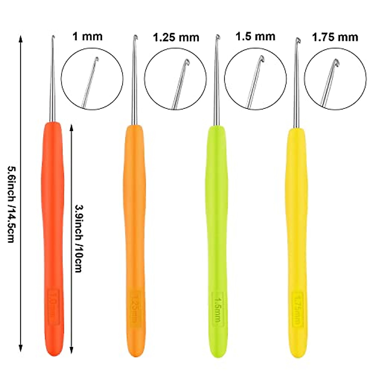 4 Pieces Hair Needles Crochet Hooks Precision Metal Needles Crochet Knitting Needles with Soft Handles, 1 mm, 1.25 mm, 1.5 mm, 1.75 mm, 4 Colors