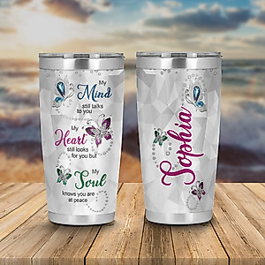 Hyturtle Personalized My Mind Still Talks To You Butterfly 20Oz Stainless Steel Tumbler With Lid, Double Wall And Vacuum Sealed, Memorial Gifts For Loss Of Father Mother Wife Husband