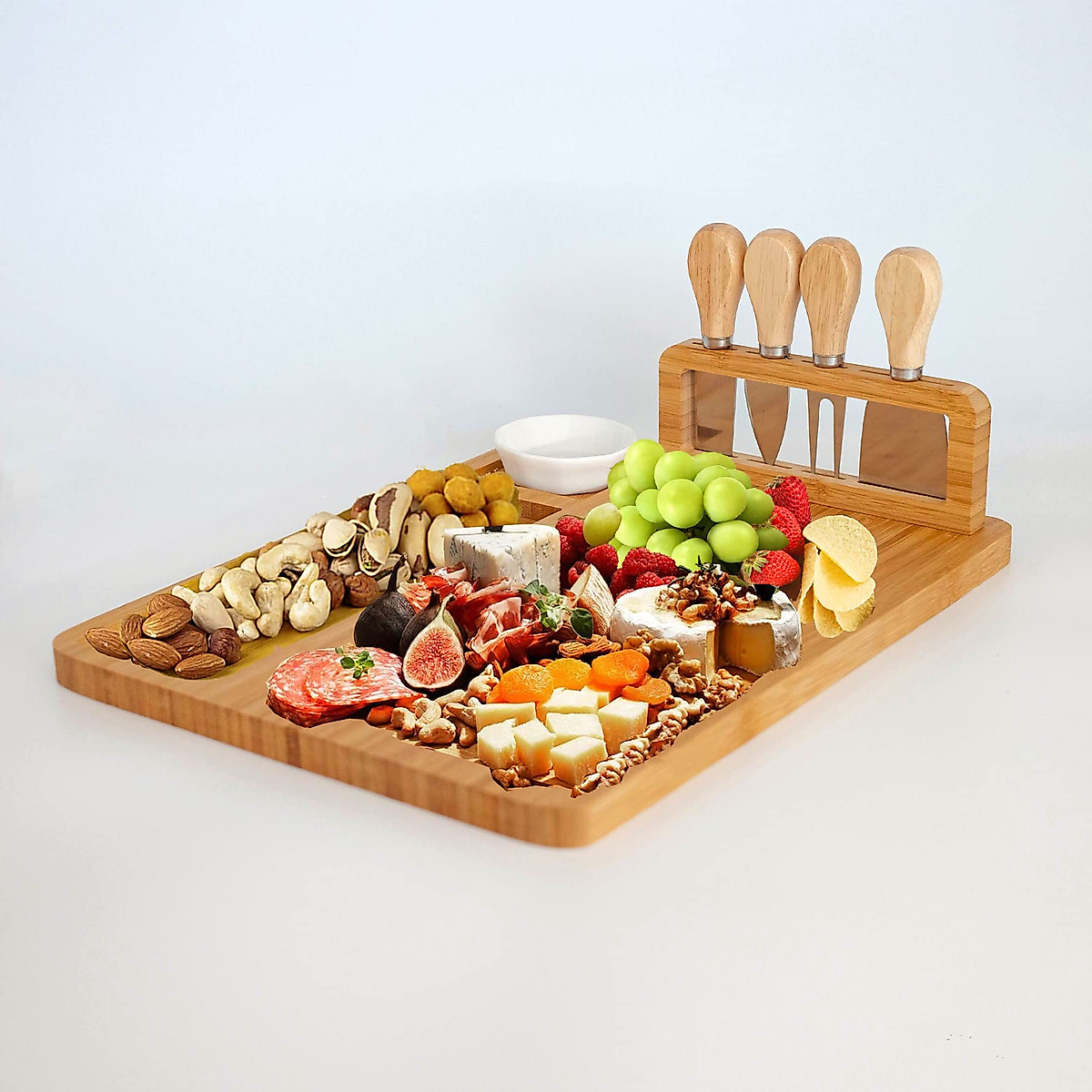 Aoibox Bamboo Cheese Board Set 14.17"*11"*0.8", Charcuterie Platter and Serving Meat Board Including 4 Stainless Steel Knife, Cheese Tray, Yankee Swap Gifts