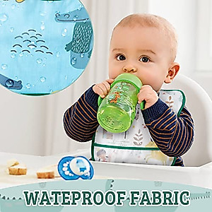 Zainpe 5Pcs Snap Baby Bibs Fox Bear Waterproof Stain Resistant Feeding Bib with Food Catcher Pocket Washable Adjustable Starter Bib Unisex Animals Burp Cloths for Infants Newborns Toddlers 6-24 Months