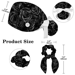 Adjustable Black Roses Scrub Cap, Working Hat Hair Cover with Ponytail Pouch, Soft Bouffant Surgical Nurse Cap