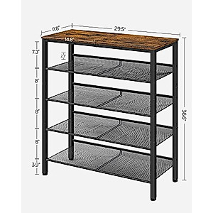 VASAGLE Shoe Rack for Entryway, 5 Tier Shoe Storage Shelves, 16-20 Pairs Shoe Organizer, with Sturdy Wooden Top and Steel Frame, Free Standing, Industrial, Rustic Brown and Black ULBS038B01