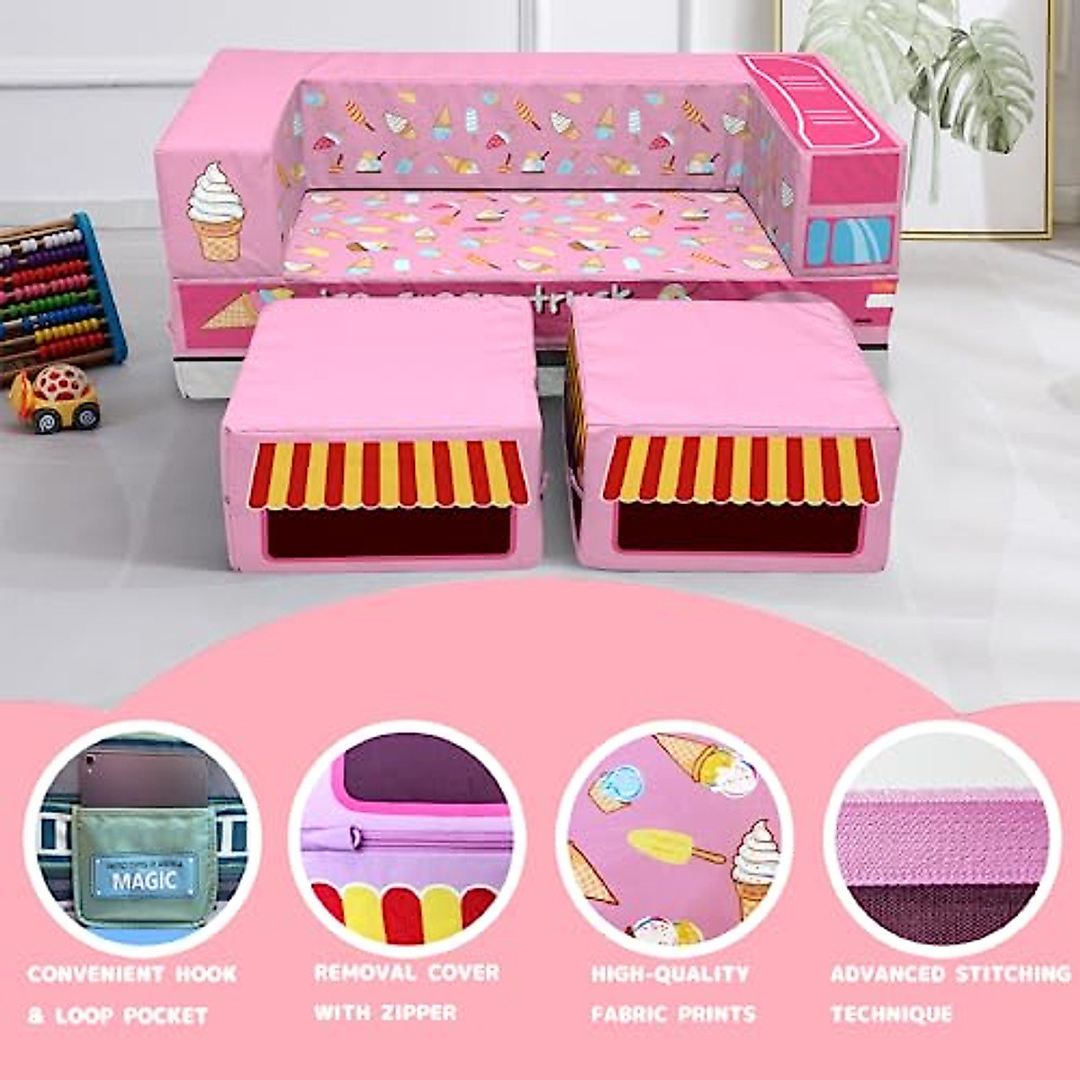 Kids Couch Sofa Toddler Modular Couch for Bedroom Playroom, Fold Out Couch Sofa Set for Imaginative Boy Girl, Convertible Toddler Couch with Washable Covers