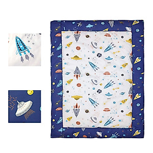 Brandream Baby Boys Crib Bedding Sets Outer Space Rocket Planet Astronaut Nursery Bedding Set,3 Piece Baby Newborn Crib Comforter Sets 100% Cotton, Navy/White
