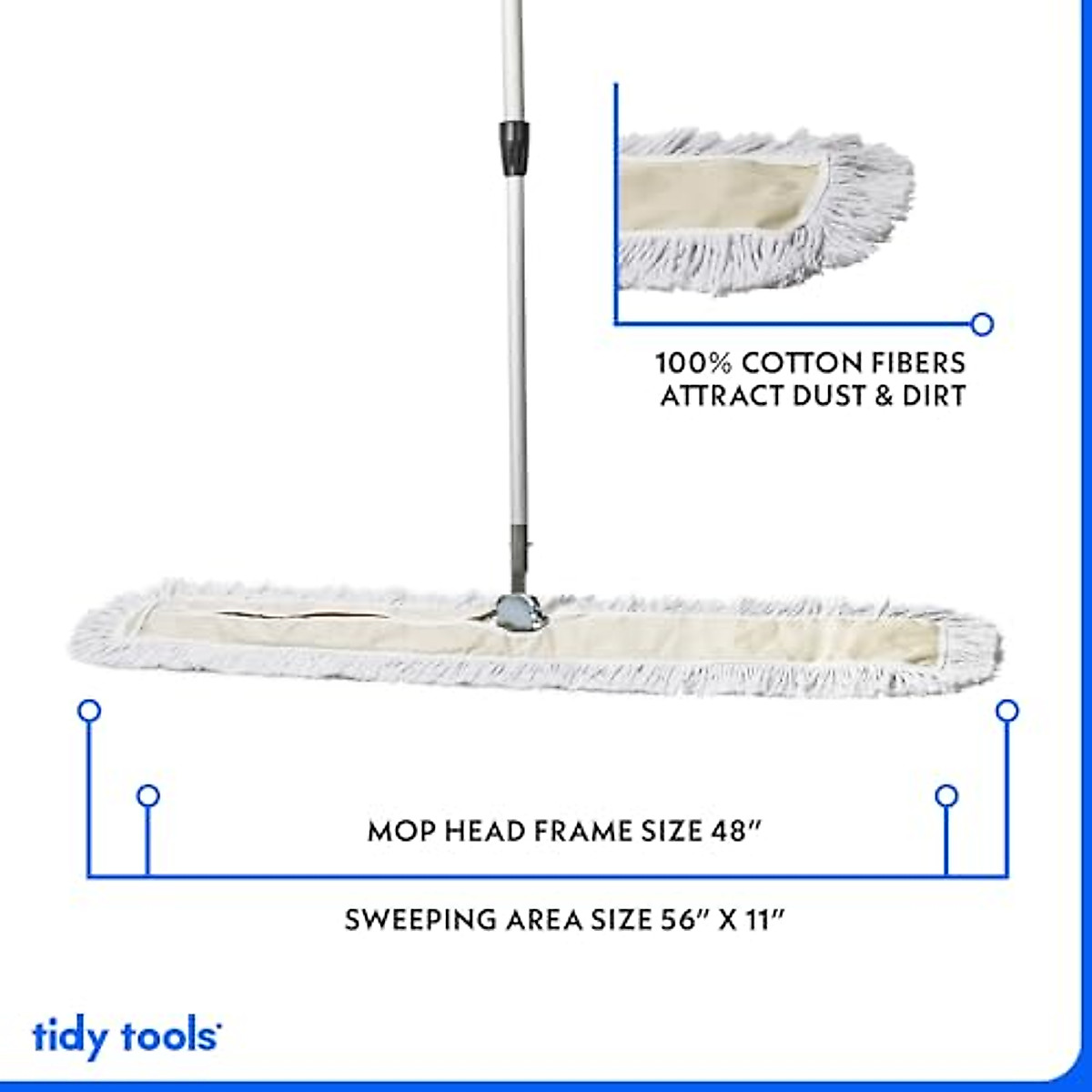 Tidy Tools Commercial Dust Mop & Floor Sweeper, 48 in. Dust Mop for Hardwood Floors, Cotton Reusable Dust Mop Head, Extendable Mop Handle, Industrial Dry Mop for Floor Cleaning & Janitorial Supplies