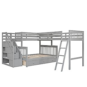 BOVZA Twin Over Full L-Shaped Bunk Bed Corner Loft Bunk Beds with Storage Drawers, Angled Ladder and Stairs, Wood Triple Bunk Bed for 3 Kids Teens Adults, Gray
