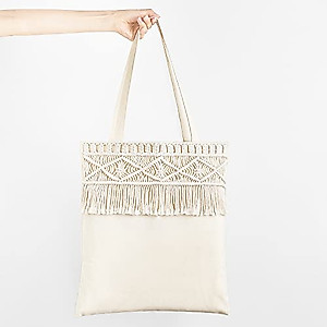 Mkono Canvas Tote bag for Women Boho Aesthetic Shoulder Handbag with Macrame Fringe Reusable Shopping Bag Lightweight Unique Gift Bag Cute Tote Bag for School Work Beach Travel Wedding Holiday