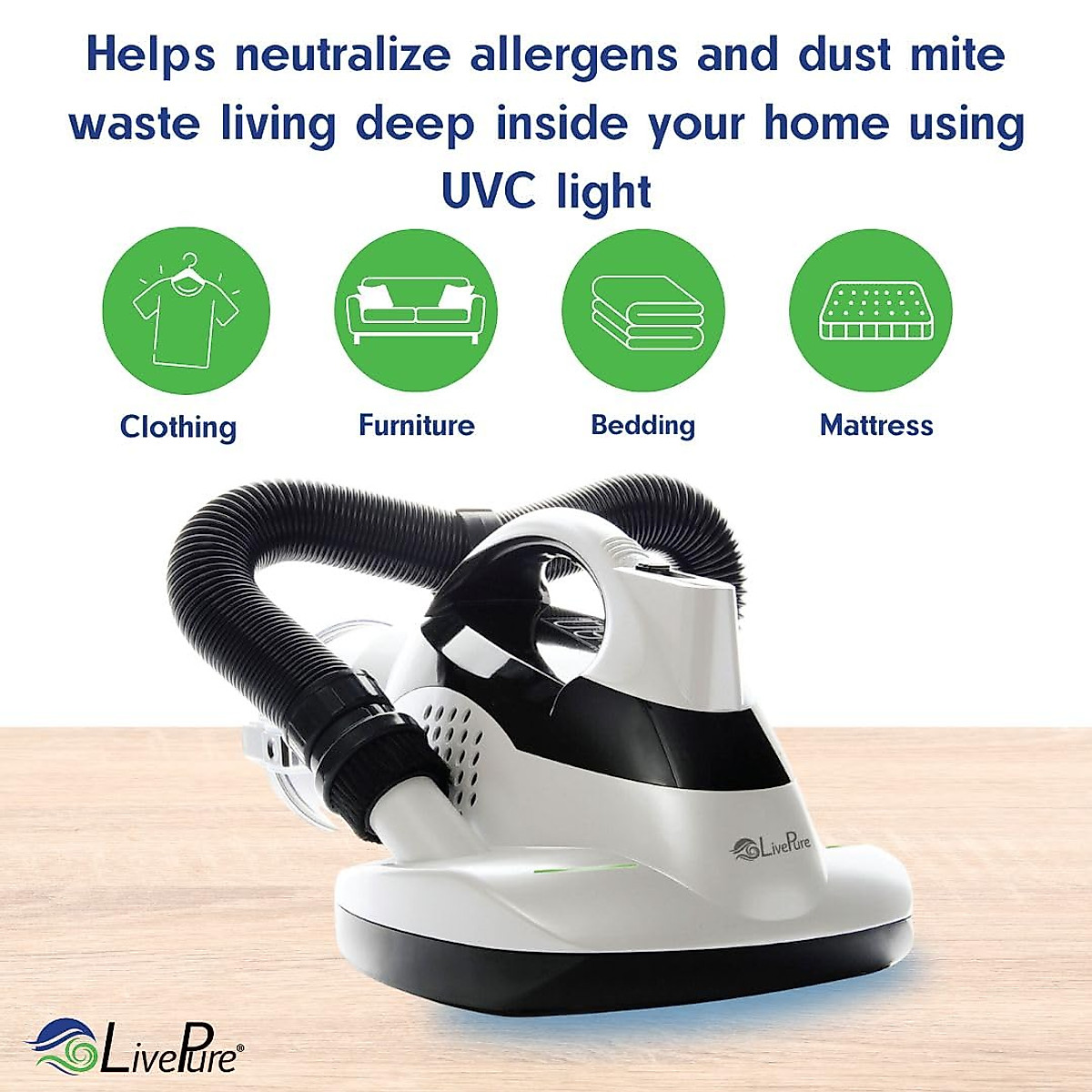 LivePure - Ultramite Handheld HEPA Filter Vacuum & Fabric Sanitizer - Dual Motor Brush, UVC Light, And Anti- Allergen Filter To Remove Dust Mites, Bacteria, Viruses