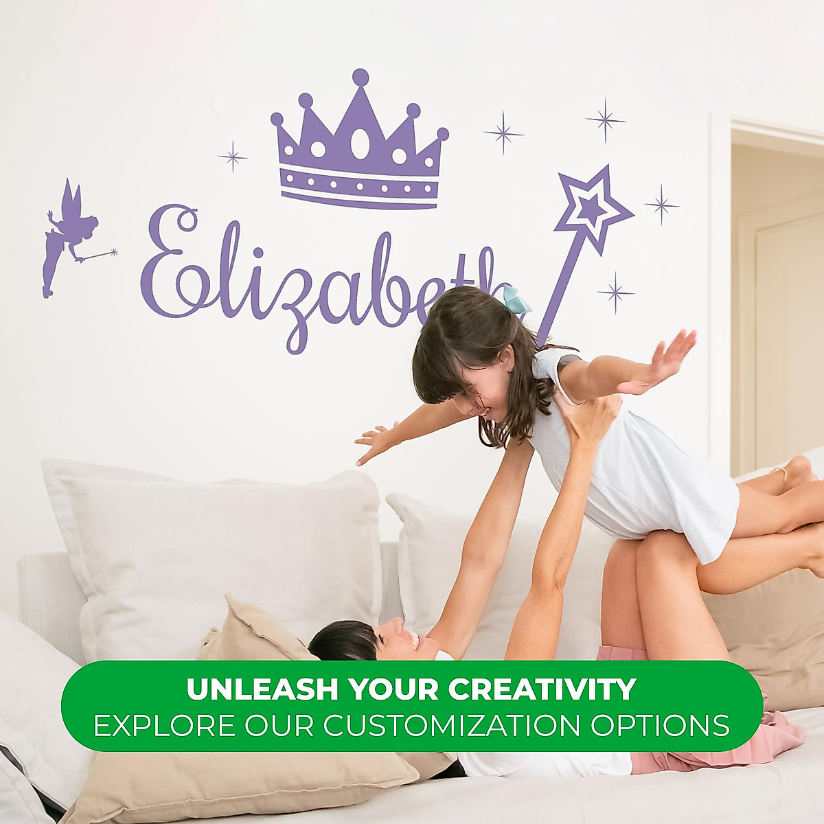 EGD Multiple Font Custom Name with Crown and Scepter Princess Wall Decals I Personalized Wall Decor for Girl Bedroom I Elegant Decor I Multiple Elements Options for Customization