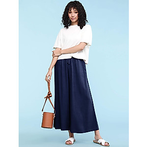 LL Womens Washed Linen Casual Loose Wide Leg Pants Pocket Pant with Draw String XL Navy