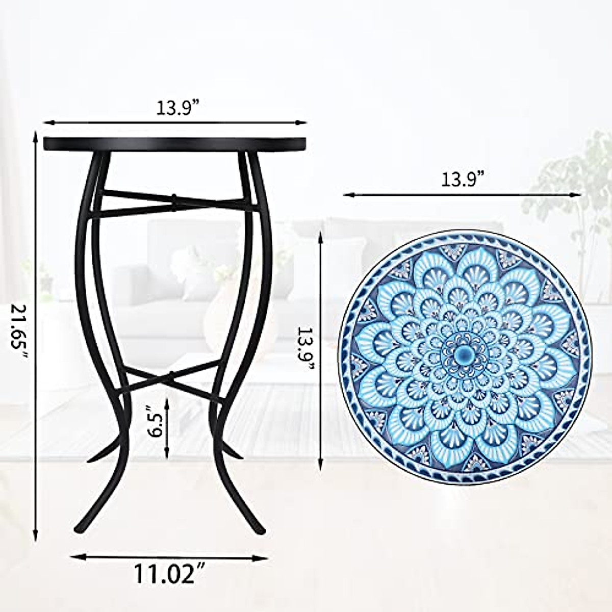 VCUTEKA Mosaic Outdoor Side Table, 14" Round Small Patio Accent Table Indoor End Table for Yard, Garden, Living Room, Bistro Balcony or Lawn Blue