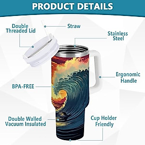 Jihqo Beach Surfer Riding Waves 40 oz Stainless Steel Vacuum Insulated Tumbler with Handle and Straw Lid, Leakproof Water Bottle Double Wall Travel Mug Coffee Cup, Cupholder Friendly
