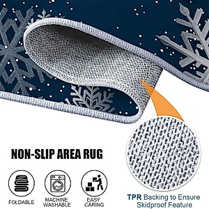 Washable Area Rugs 4x6 ft Carpet, Cartoon Style Snowflake Stripes Print Rugs Dark Blue Stain & Water Resistant Non-Slip, Pet & Child Friendly, Perfect for Living Room, Bedroom, Kids Room