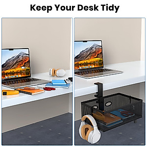 HAMOPY Under Desk Drawer Organizer, Clamp-on No Drill Under Desk Storage Drawers with 2 Cable Holes, 360° Rotatable Hidden Desk Must Haves for Home and Office Accessories