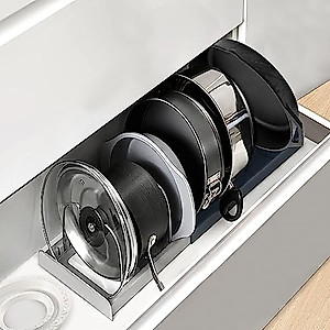 Expandable Pots and Pans Organizer for Cabinet, Pot Lit Organizer Holder with 10 Wire Dividers Adjustable Pan Rack Organizer for Kitchen Storage of Cookware, Plate, Cutting Board, Baking Sheet