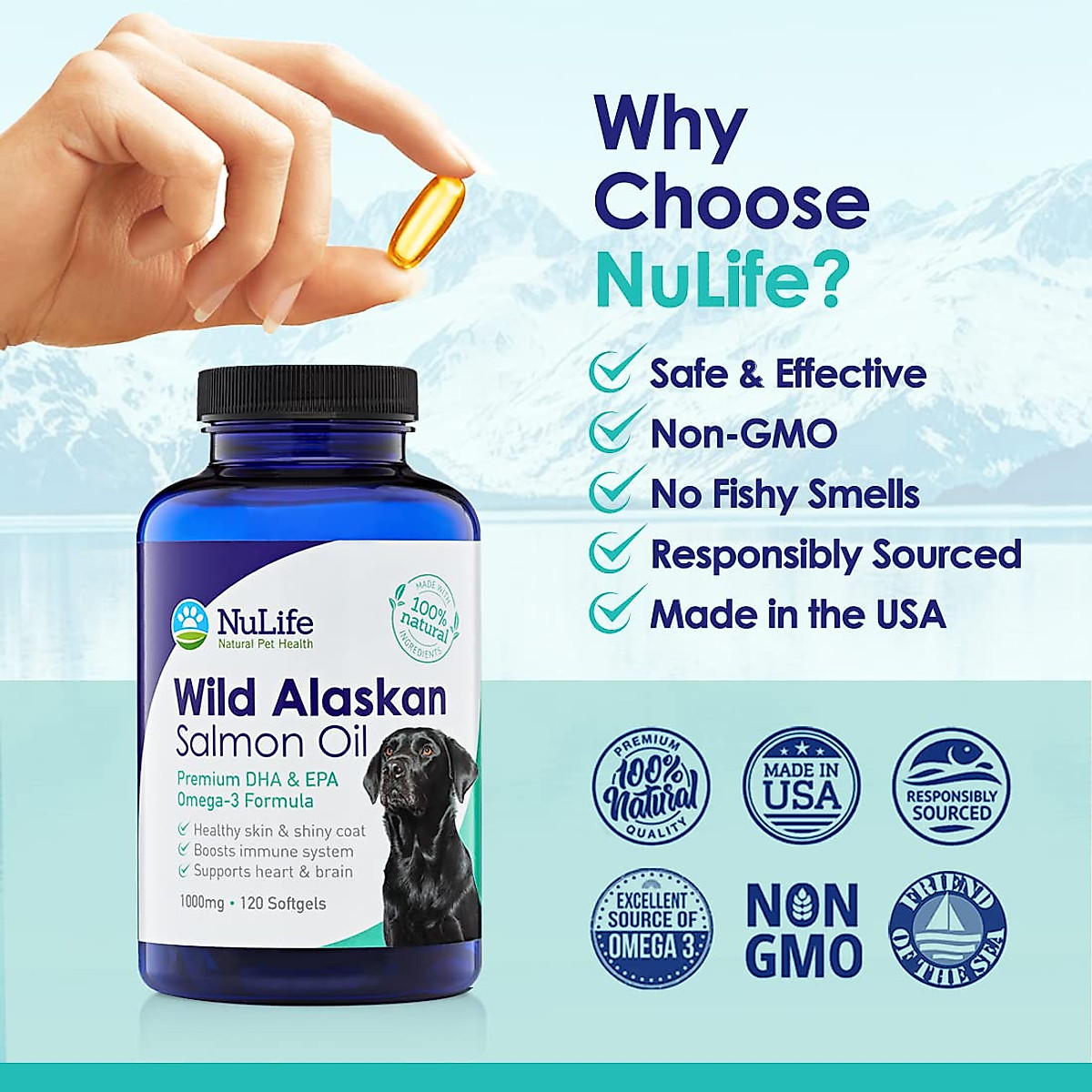 Pure Wild Alaskan Salmon Oil for Dogs, Omega 3 Fish Oil Supplement for Healthy Skin & Shiny Coat, Prevents Itchy Skin, Skin Allergies & Shedding, 120 Soft Capsules