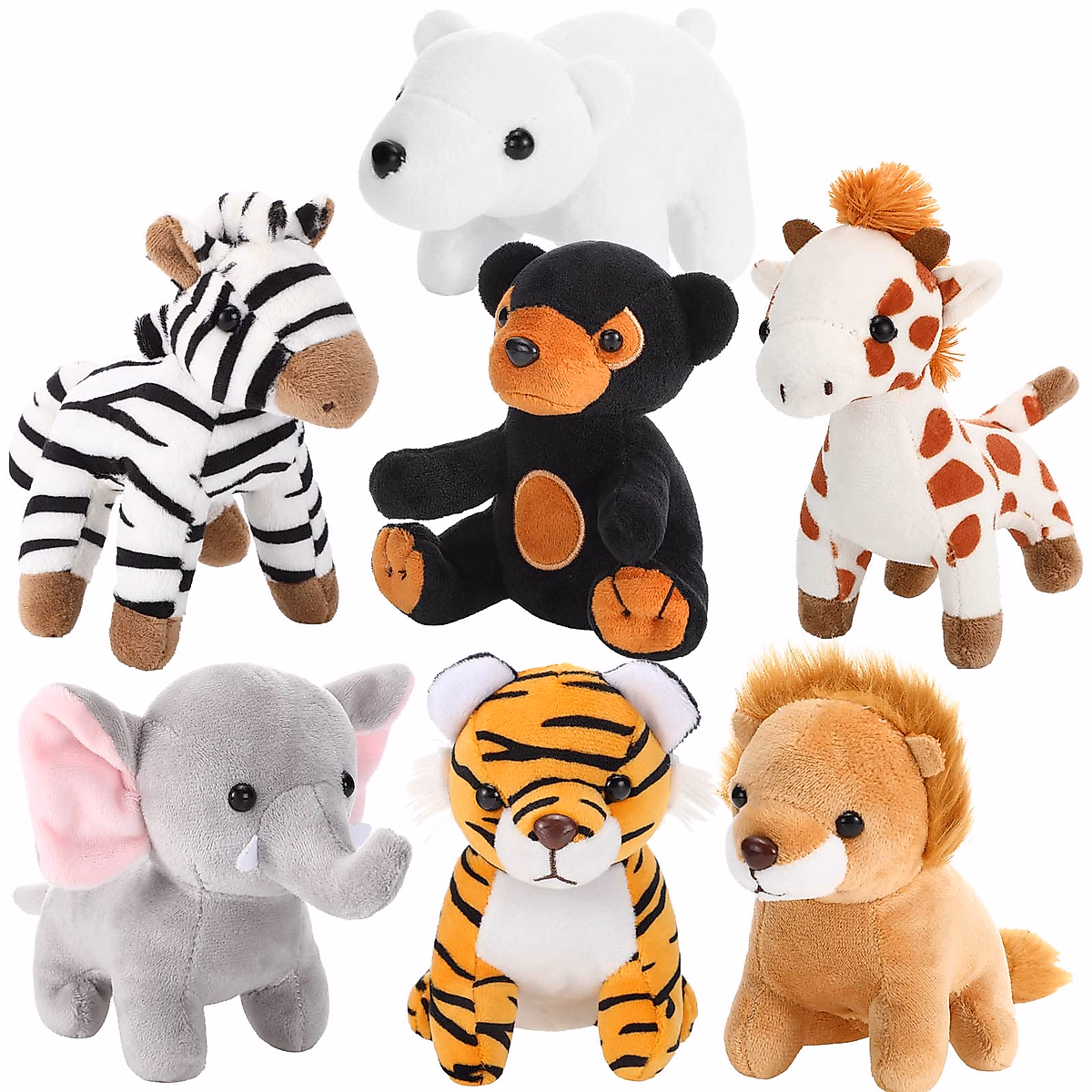 7 Pieces Plush Safari Animals 4.72 Inches Jungle Stuffed Animal Set Includes Plush Giraffe Tiger Lion Bear Elephant Zebra for Zoo Animal Themed Parties Teacher Student Achievement Award