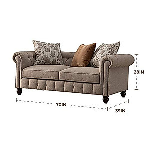 Acanva Chesterfield Tufted Sofa with Scroll Arms, Nailhead Trim Linen Upholstered, 70" W Loveseat, Brown
