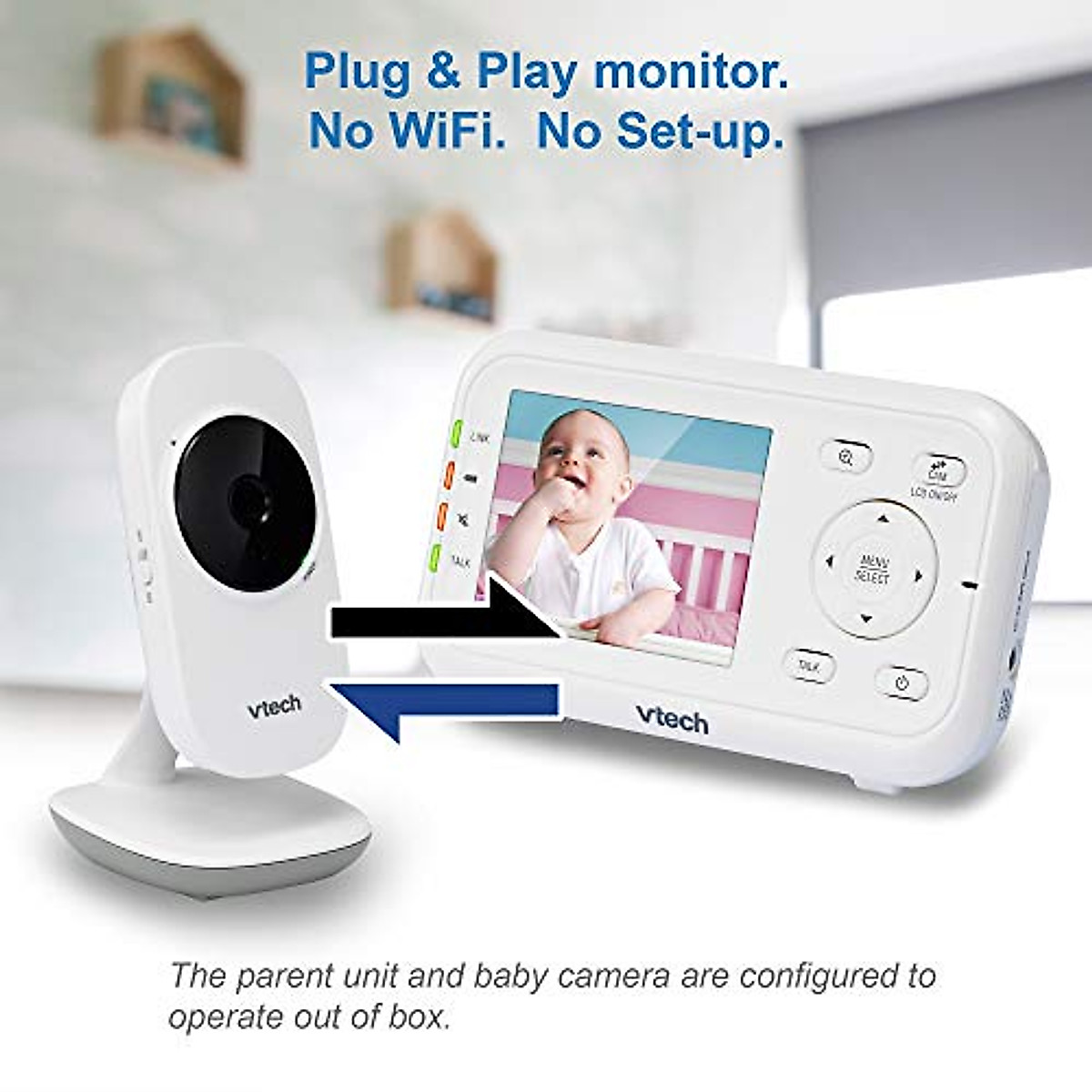 VTech Video Baby Monitor with 1000ft Long Range, Auto Night Vision, 2.8” Screen, 2-Way Audio Talk, Temperature Sensor, Power Saving Mode, Lullabies and Wall-mountable Camera with bracket, White