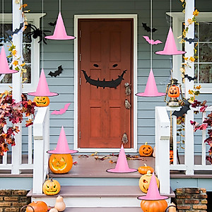 Whaline 14Pcs Halloween Pink Witch Hat with 109 Yards Hanging Rope 32Pcs 3D Bat Stickers Scary Witch Cap Halloween Hanging Decoration for Halloween Home Inside Outside Garden Yard Lawn Decoration