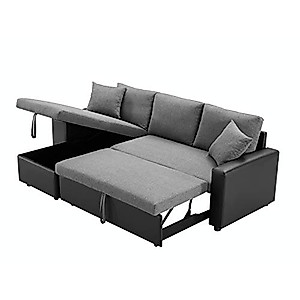 UBGO Upholstery Living Room Furniture Sets,Modular Sleeper, L-Shaped, Reversible Bed,Sectional Sofa with Storage and 2 stools Steel,Gray, Grey 3-seat Chaise Longue