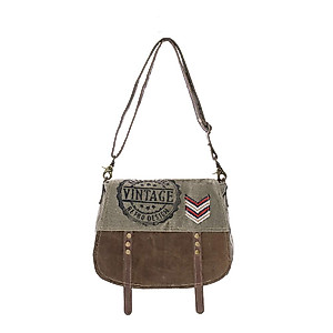 Retro Chevron Patch Upcycled Canvas and Genuine Leather Crossbody Bag