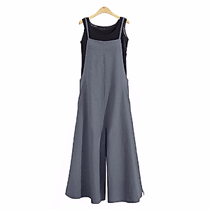 YESNO Women Casual Loose Long Bib Pants Wide Leg Jumpsuits Baggy Cotton Rompers Overalls with Pockets (2XL PZZTYP2 Gray)