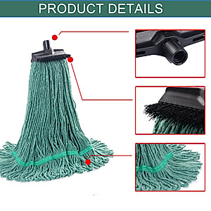 Matthew Large Heavy Duty Mop Head Commercial Replacement for General and Floor Cleaning, Screw-on Wet Industrial Cotton Looped End String Head Refill (Green 2Pack) w/Built-in Flexible Bristle Brush