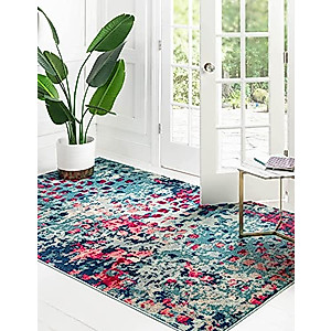 Unique Loom Jardin Collection Colorful, Vibrant, Abstract, Modern Area Rug, 4 x 6 ft, Blue/Pink