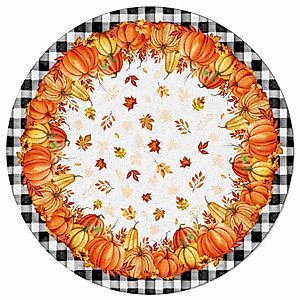 Huotupsine Fall Thanksgiving Round Area Rugs, Orange Pumpkins Maple Leaf Black Plaid Non-Skid Children Playing Mat, 3ft Soft Circle Farmhouse Rugs for Living Room, Bedroom, Dining Room