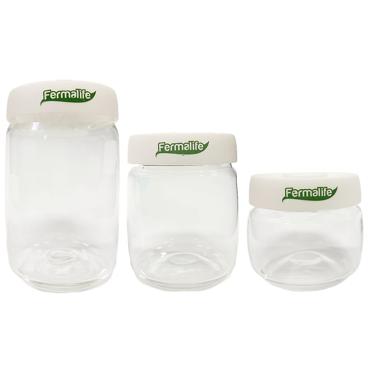 FERMALIFE - Food Storage Jar Containers, Borosilicate Glass Vacuum Seal Lids, Airtight Food Pantry Seal, Flour, Cereal, Pasta, Grains, Oats Canister | Size: 13.5oz, 27oz, 41oz (3pc set - WHITE)