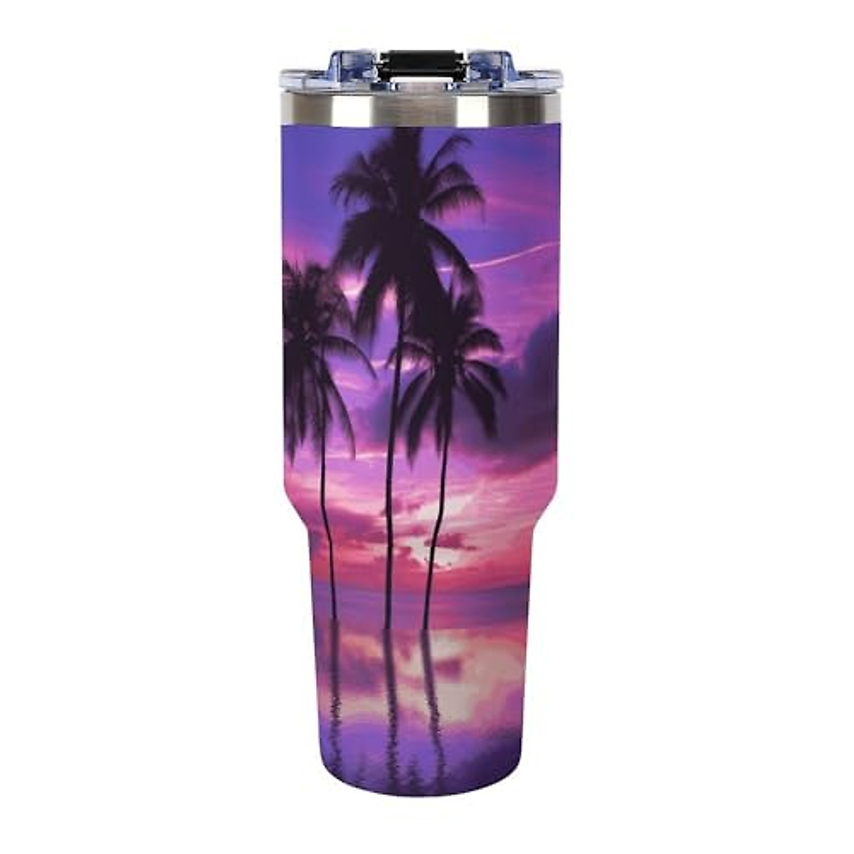 STVNKML 40 Oz Tumbler with Handle Palm Tree Purple Sunset Stainless Steel Coffee Mug Reusable Travel Mug Leak-proof Insulated Car Cup Large Capacity Tumbler for Travel, Outdoor, Home Use (Black)
