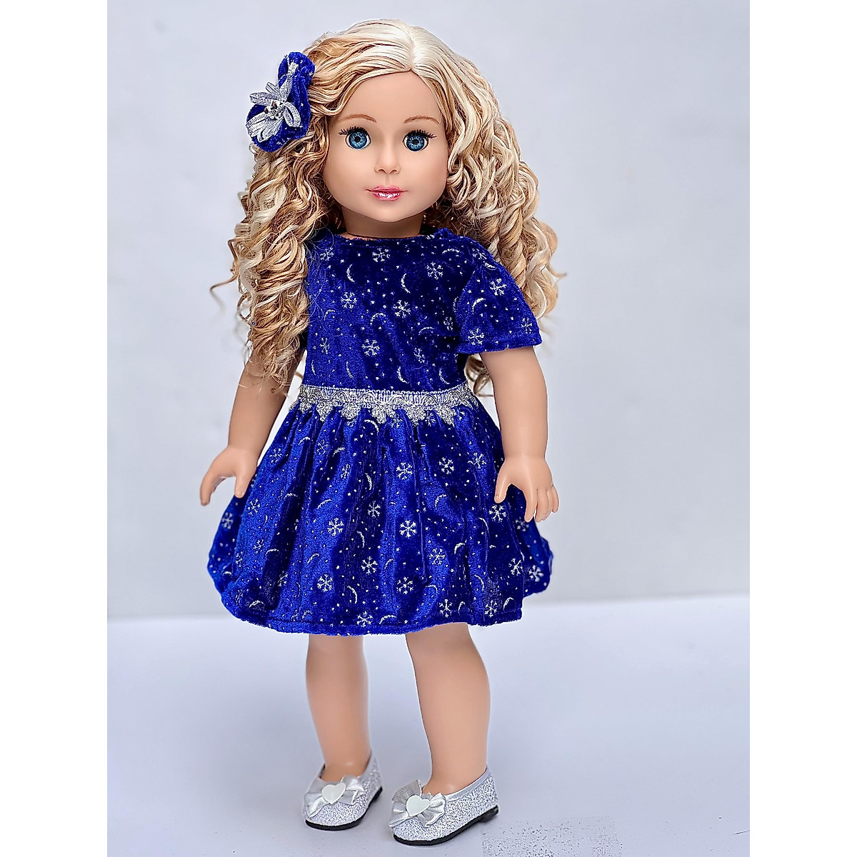 - Midnight Blue - 3 Piece Outfit - Dark Blue Sparkling Holiday Dress with Matching Silver Shoes and Headpiece - Clothes Fits 18 Inch Doll (Doll Not Included)