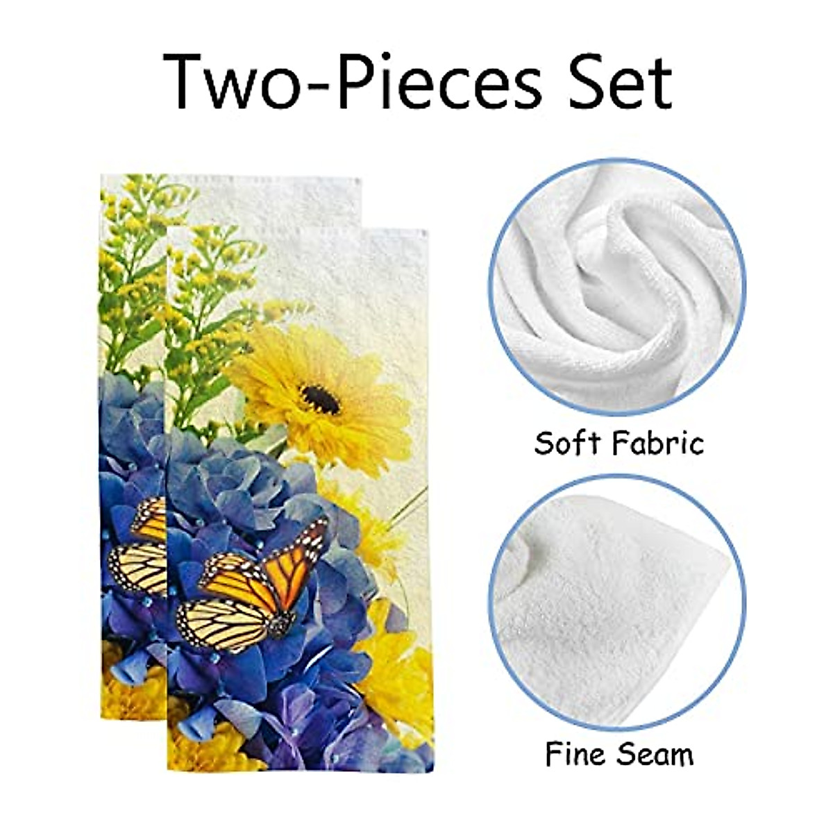 Hand Towels Face Towels Set of 2 Summer Yellow Blue Butterfly Flowers Soft Comfortable Polyester Microfiber Fast Water Absorbent Towels for Bathroom Kitchen 30X15 Inch