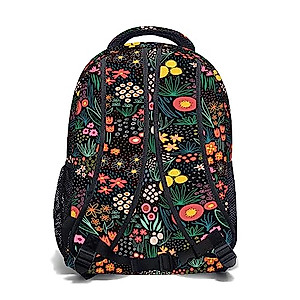 Black Flowers Backpack for Girls - Colorful Floral School Backpacks Wildflowers Plants Bookbag Spring Botanical Foliage Rucksack Seasonal Herb Leaves Daypack Travel Bag