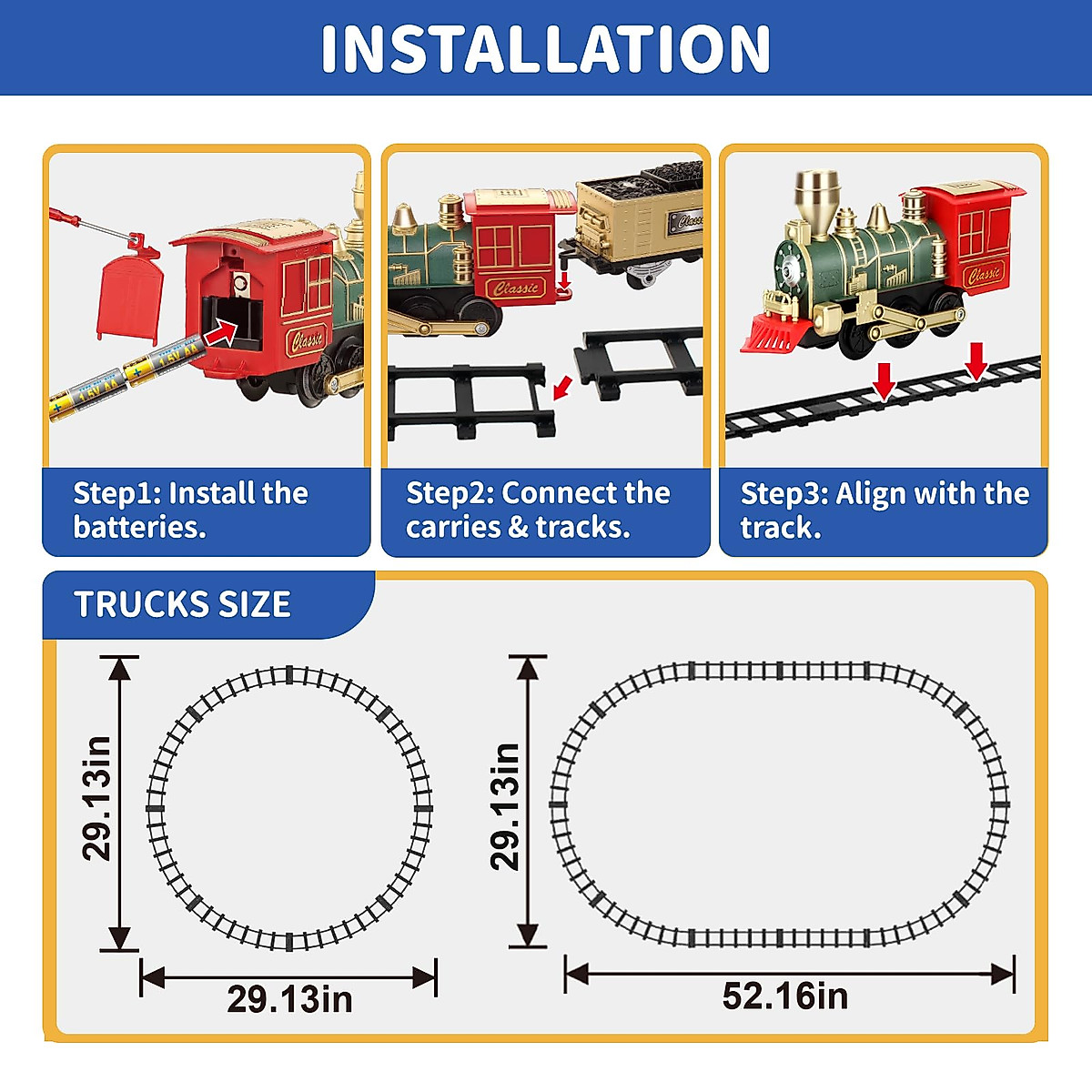 JUQU Train Set-Electric Train Sets for Boys Toddlers Classical Train Toys,Battery-Powered Locomotive Engine with Sound and Lights, 3 Cars &10 Tracks, Christmas Toy Train for Age 3 4 5 6 Years Old Kids