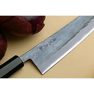 Yoshihiro Kurouchi Black-Forged Blue Steel Stainless Clad Gyuto Chefs Knife and Petty Utility Knife 2pc Set Ebony Handle (Gyuto 210mm & Petty 135mm)