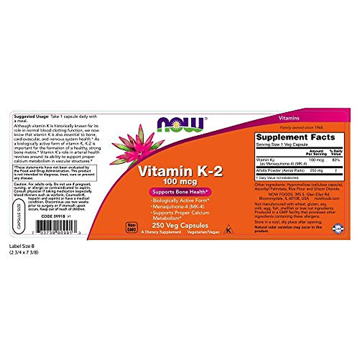 Now Foods Vitamin K-2, 250 Vegetable Capsule