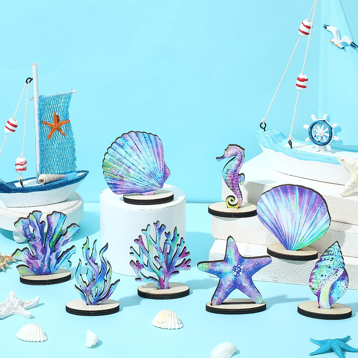 Beeveer 16 Pieces Mermaid Party Decorations Under the Sea Mermaid Bee Disco Dinosaur Table Centerpiece DIY Wood Bee Disco Table Decor for Ocean Bee Disco Dinosaur Theme Birthday Baby Shower (Mermaid)