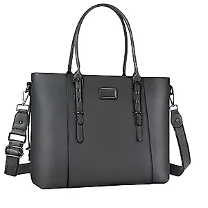 MOSISO PU Leather Laptop Tote Bag for Women (15-16 inch), Waterproof Large Capacity Business Work Briefcase Shoulder Laptop Bag, Gray