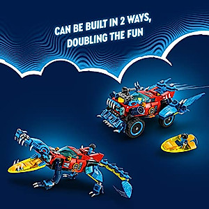 LEGO DREAMZzz Crocodile Car 71458 Building Toy Set, Rebuilds from Car to Off-Roader Truck Toy and Mini-Boat, Features Cooper, Jayden, and The Night Hunter Minifigures, Birthday Gift for 8 Year Olds