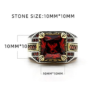 LovePlus Solid S925 Sterling Silver Square Natural Red Cut Zircon Ring Handmade Elegant Style Stone Men's/Women's Ring, Suitable for Daily Wear Gift Size (10)