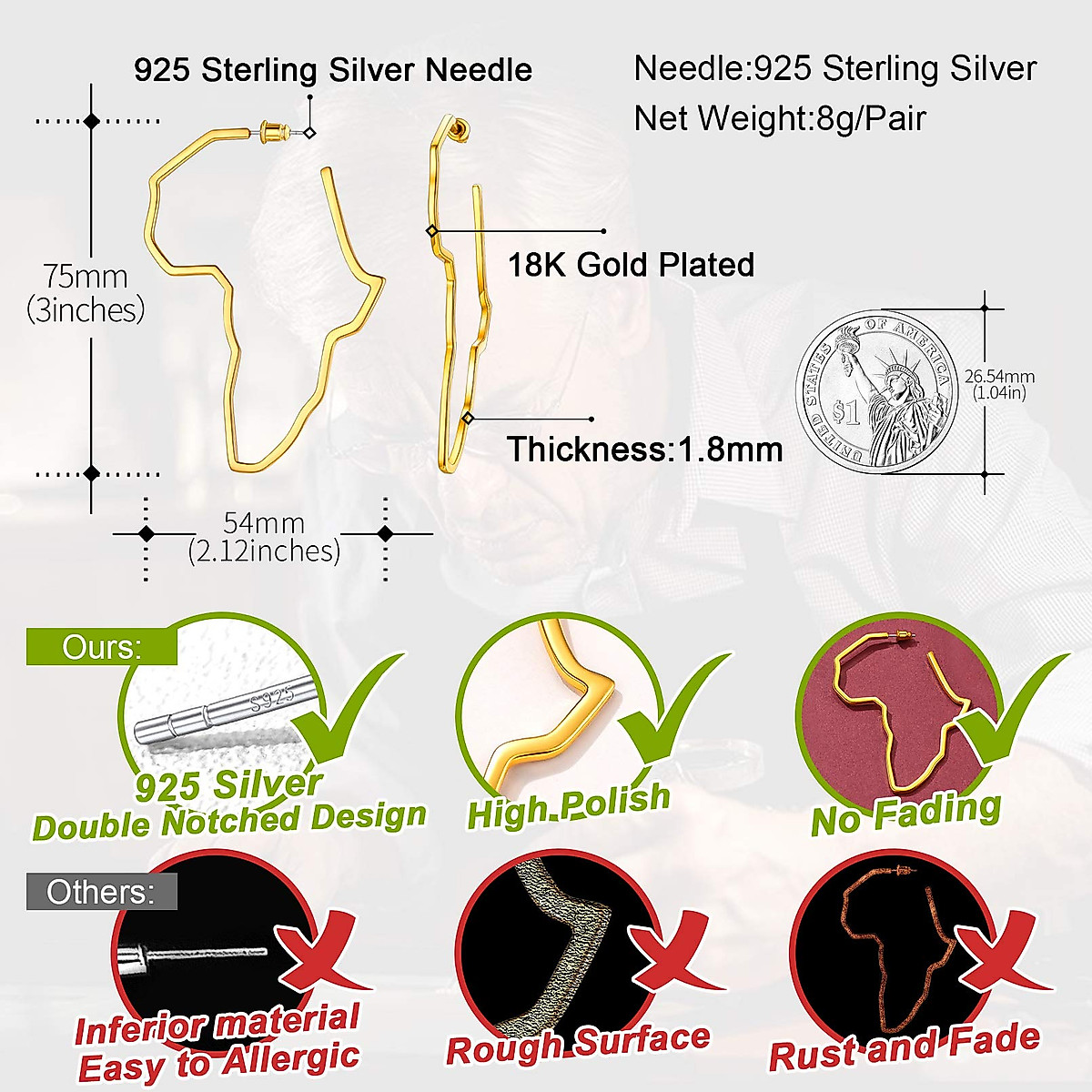 FaithHeart African Earrings Lightweight Gold Hoop Earrings for Women 18K Gold Plated Stainless Steel Women's Drop & Dangle Earrings African Map Shaped Trendy Jewelry