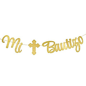 PALASASA Mi Bautizo Banner, Baby Baptism, Christening, First Communion Gold Glitter Decorations