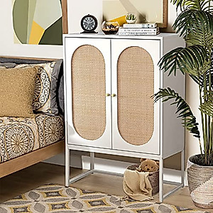 AWQM Natural Rattan 2 Door High Cabinet,Sideboard Buffet Cupboard Accent Cabinet,Adjustable Shelves,Free Standing Bookmatch,Easy Assembly,26.77" L x 15.75" W x 41.34" H,White