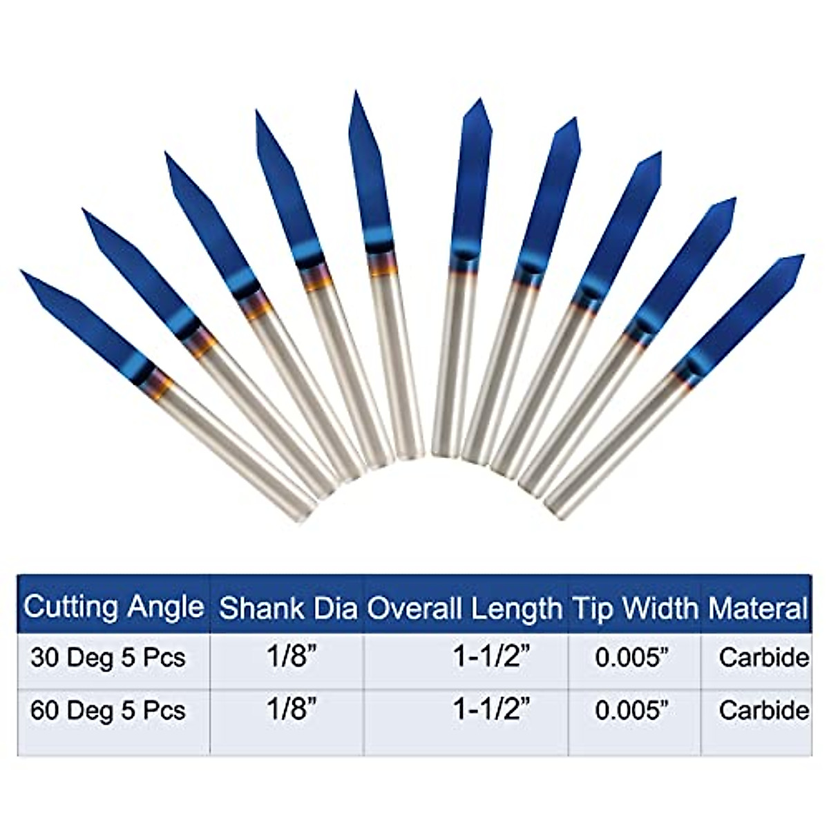 V Groove Router Bits 1/8" Shank CNC Wood Carving Bits 10pcs 30°& 60°Engraving Bits Nano Blue Coat Solid Carbide CNC Router Bits for 2D&3D Sculpture Signmaking