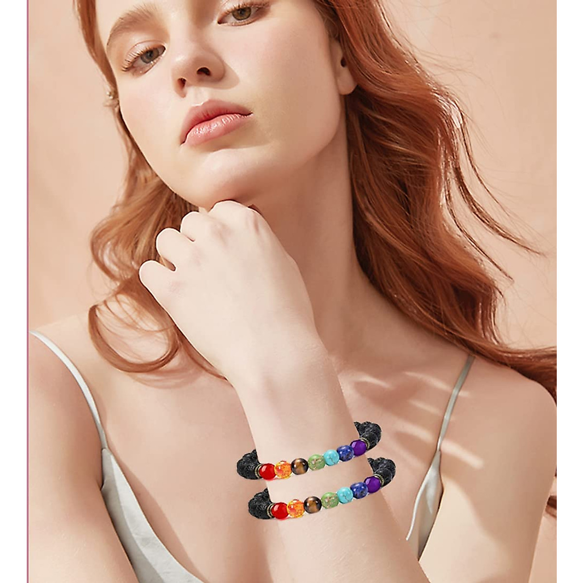 SAMOCO 16Pcs Men Women 8mm Lava Rock 7 Chakras Aromatherapy Essential Oil Diffuser Bracelet Braided Rope Natural Stone Yoga Beads Bracelet Bangle